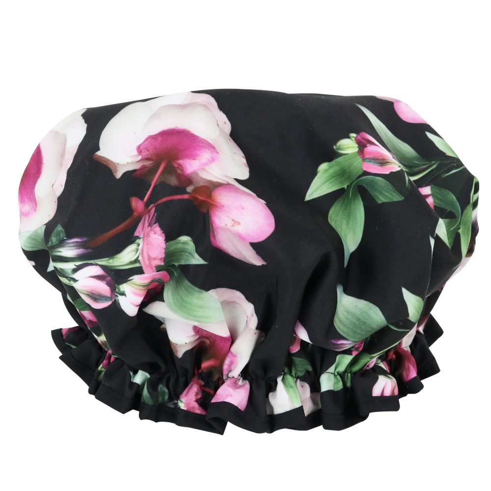 Pretty begonia black shower cap - Wicked Sista | Cosmetic Bags ...